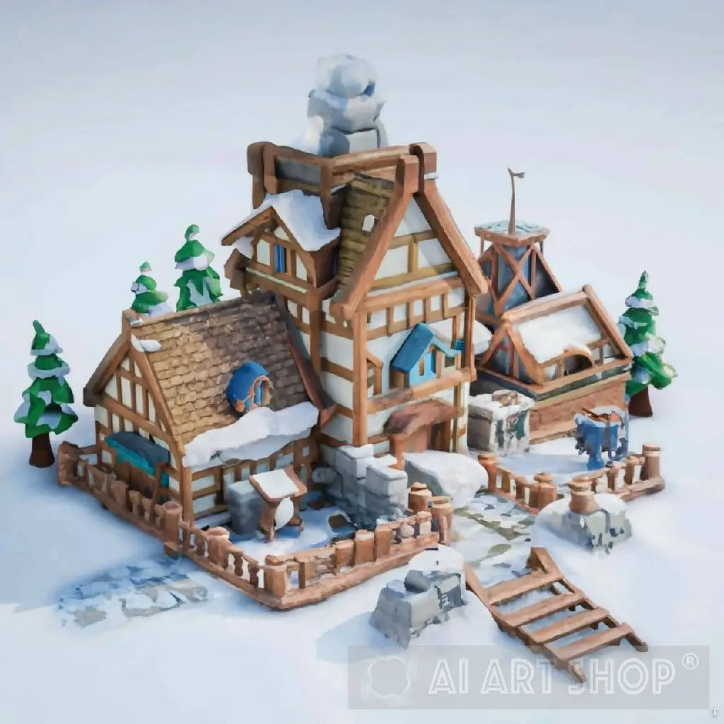 Snow village wooden hut castle wooden