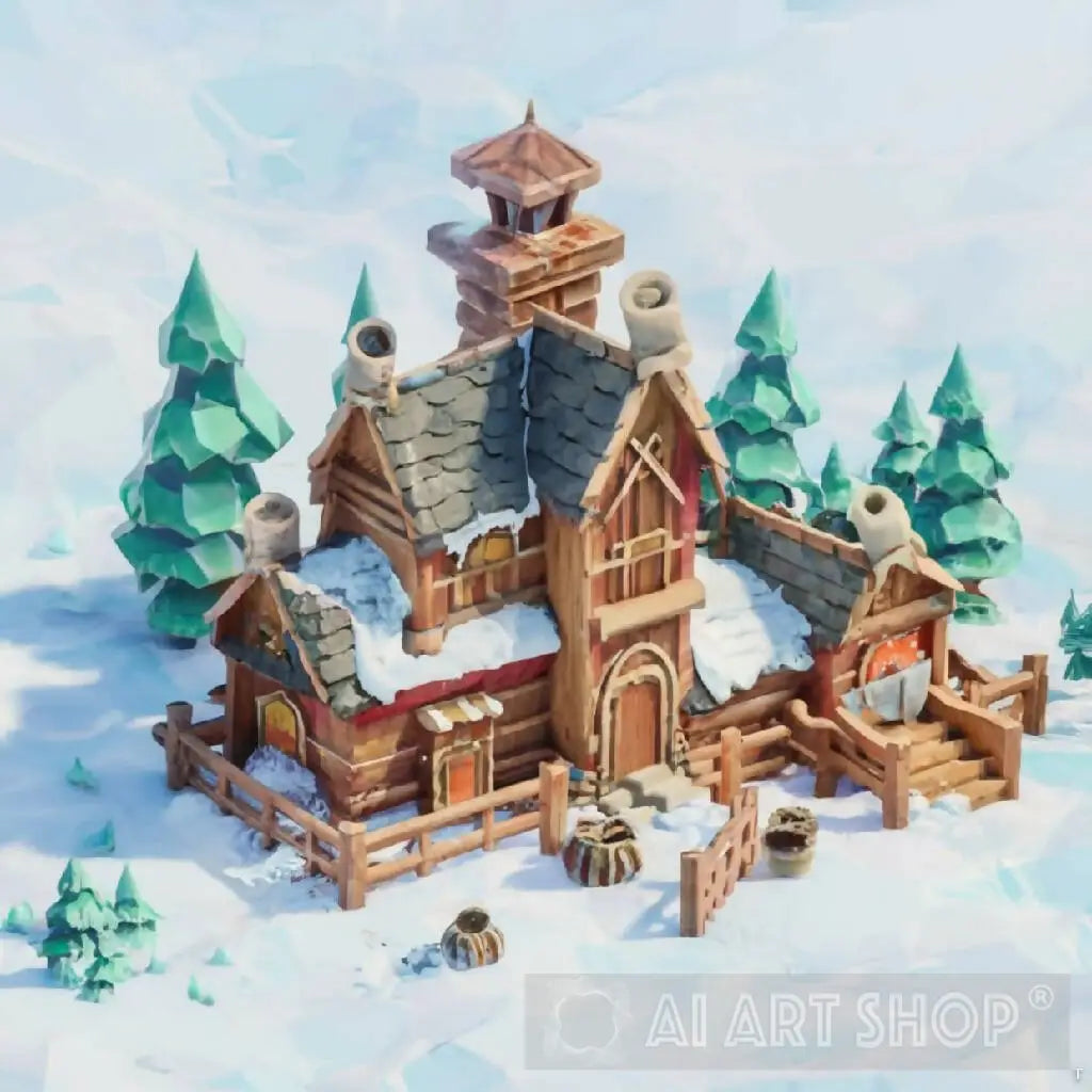 Snow village wooden hut castle wooden