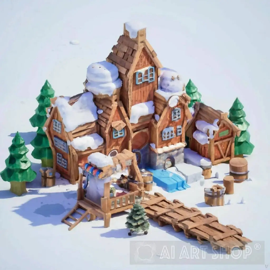 Snow village wooden hut castle wooden