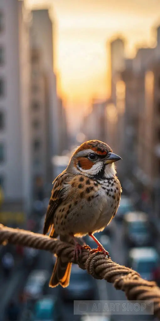 AI-Generated Sparrow Bird on High Power Line: Urban Landscape Artwork