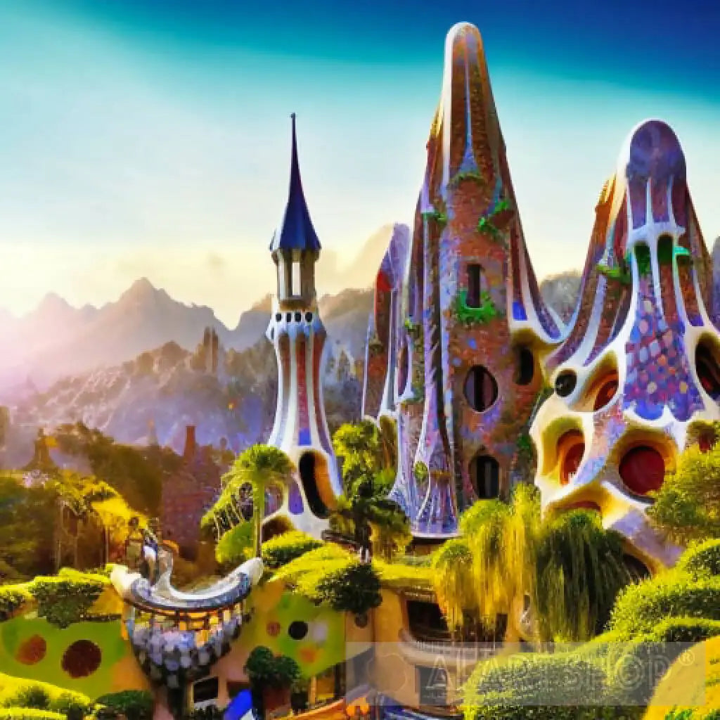 AI landscape on a distant planet, tall decorative and patterned arc...