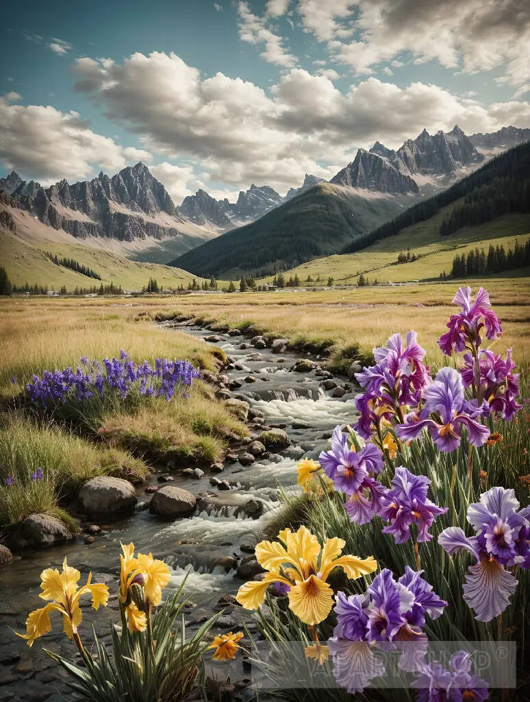 Spring landscape, flowers lining the valley
