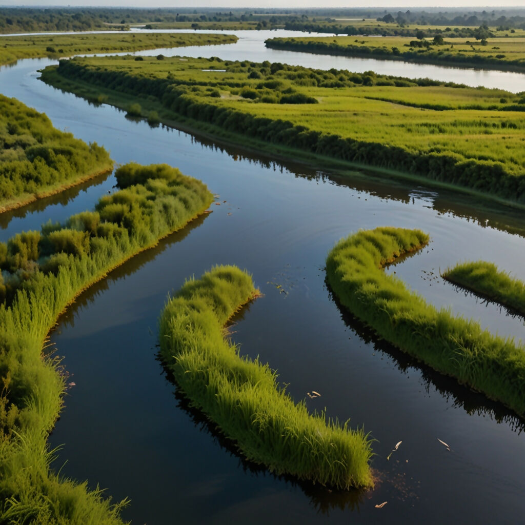 A peaceful river delta with winding waterways, lush green vegetatio...