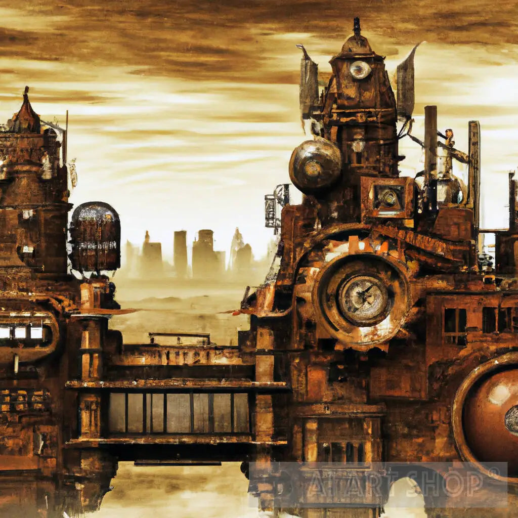 Steampunk City: Bronze-colored buildings in a steampunk architectur...