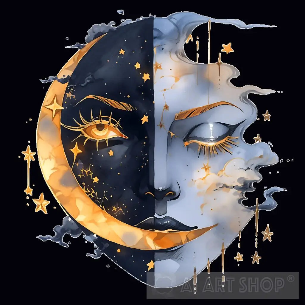 Celestial Face with Moon and Sun - Mystical Art for Sale