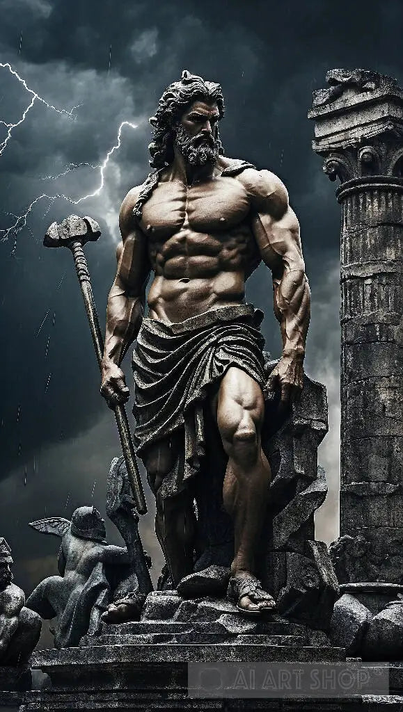 stoicism, motivation, muscular stoic statues, dark ancient city backgr