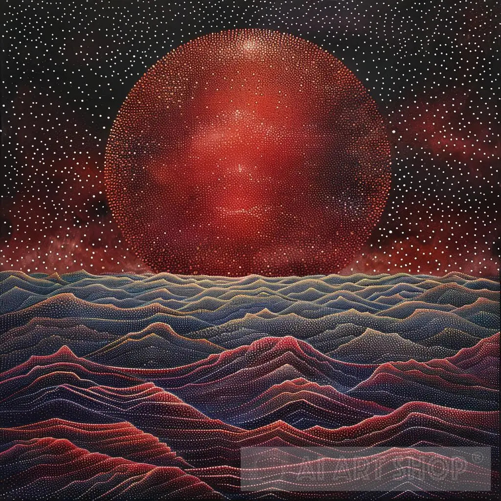 Stormy Sea Under Blood-Red Moon - Pointillism Art