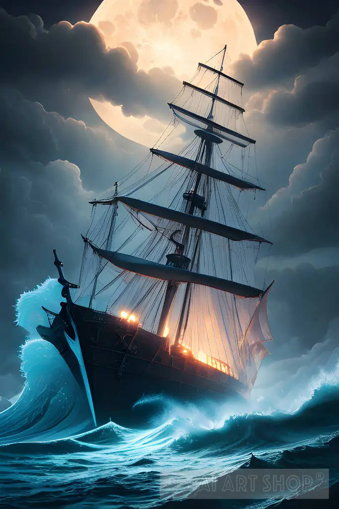 Surreal Ai art, Ship, Moon, Ghost ship, Ocean, Digital painting,