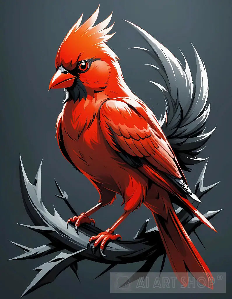 Stylized drawing of a red bird on a branch