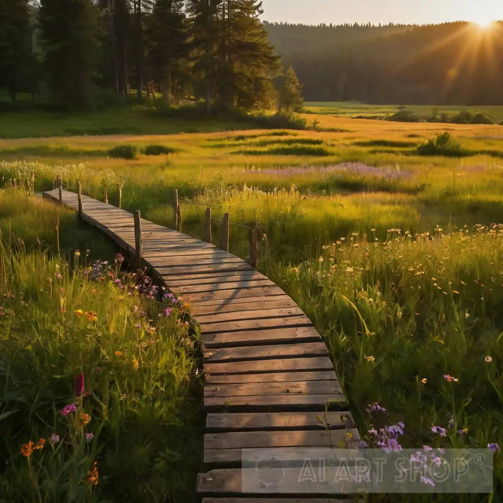 Sunlit Meadow and Rustic Bridge