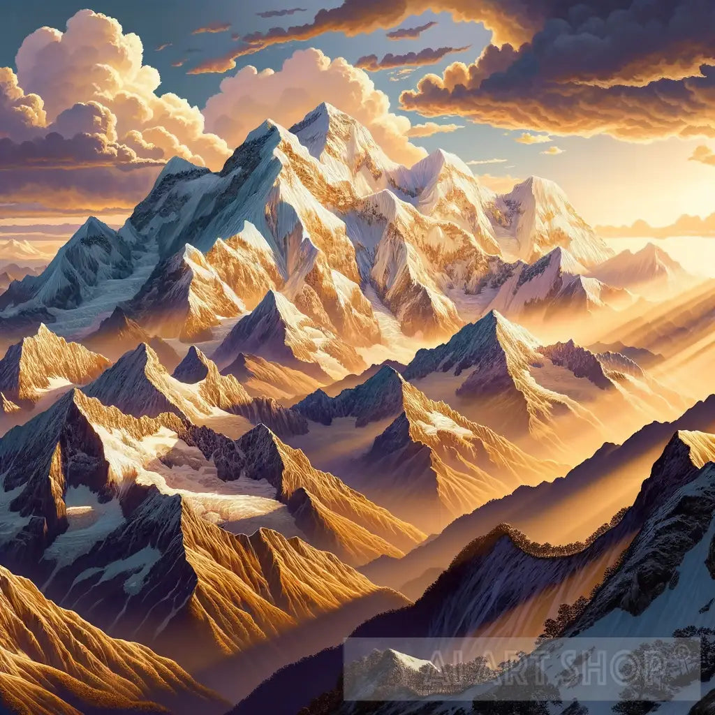 Digital Drawing - Sunlit Peaks: Mountain Sunset