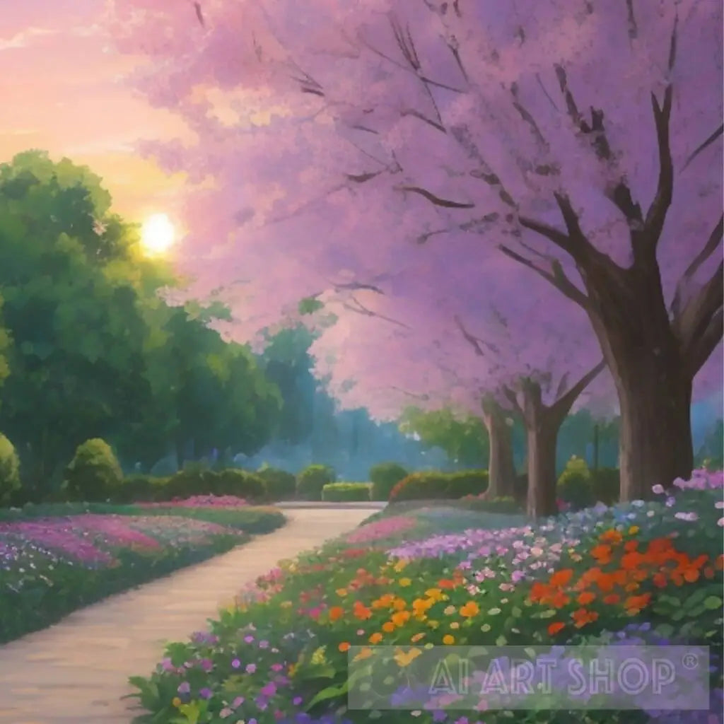 garden, flowers, trees, sunset, impressionism, painting, nature