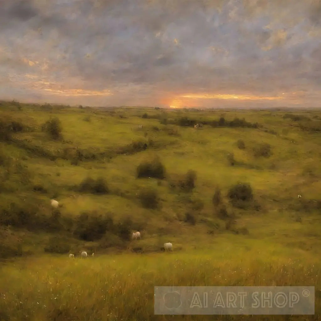 A pasture in the hills, with a sunset behind the hills, oil paintin...