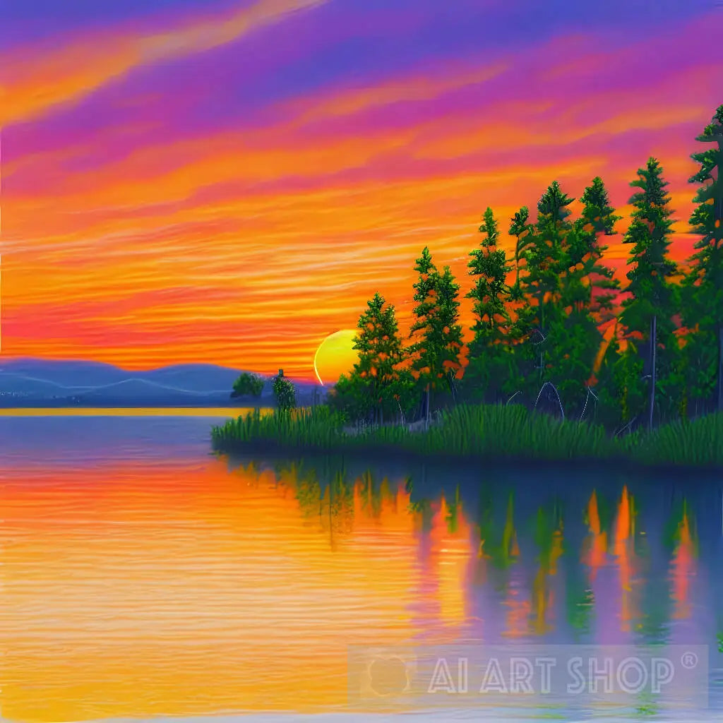 Sunset over the peaceful lake.