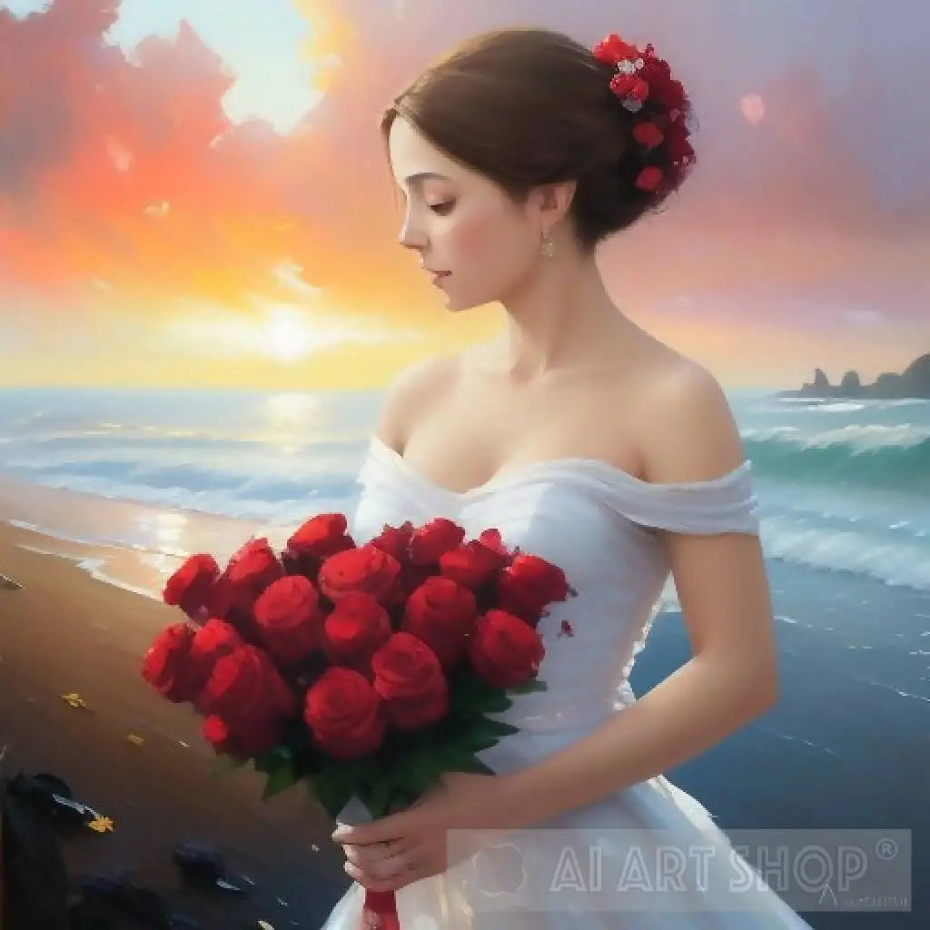 Evening tranquility by the sea. Woman in white amidst red roses. Su...