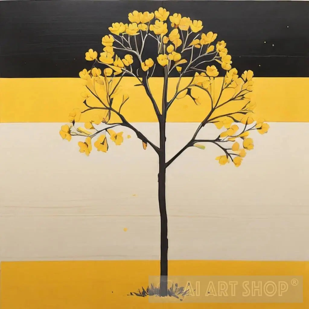 Painting of Yellow Flower Tree, Black and White Background - AI Art