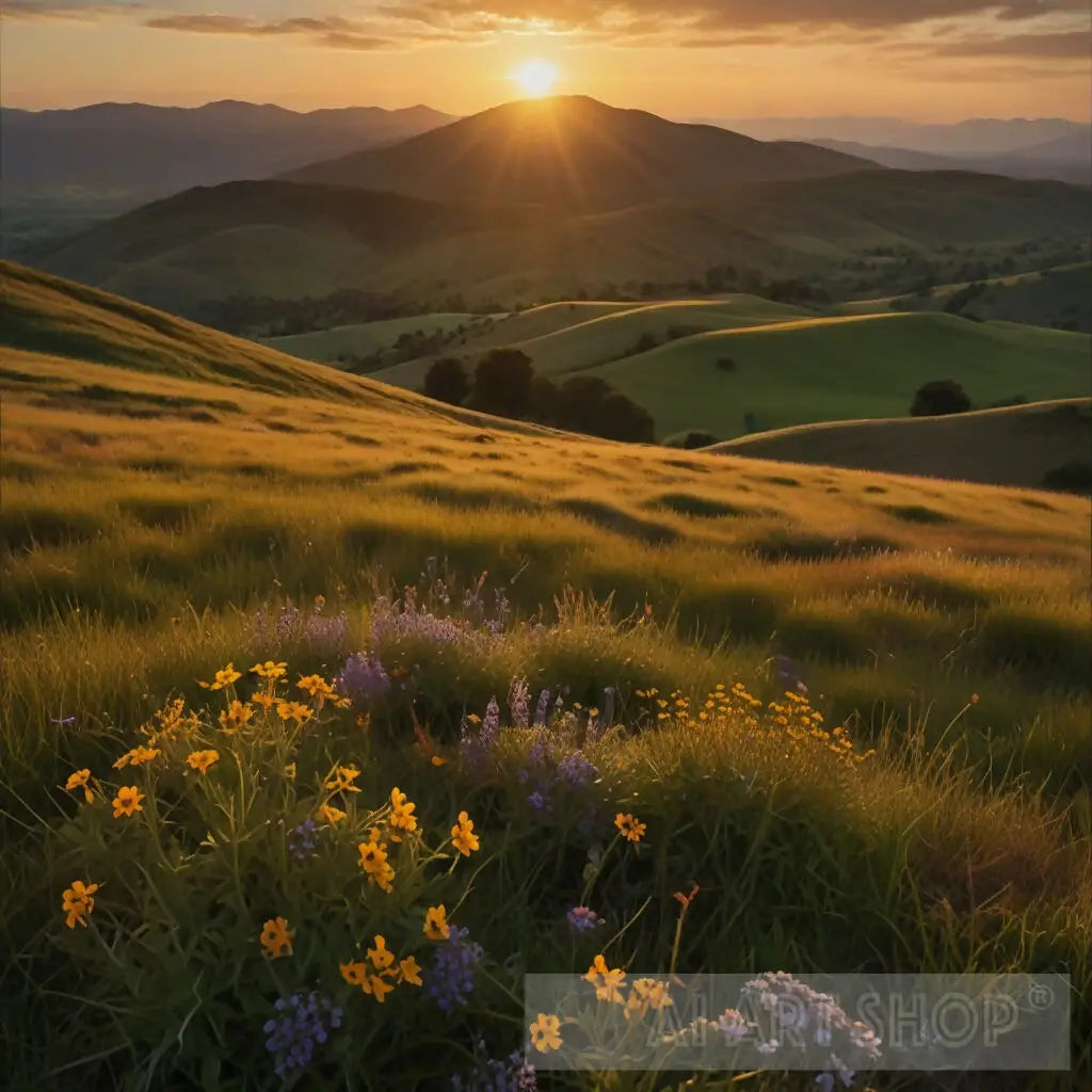 landscape, hills, breath, green, soft, golden light, vibrant, wildf...