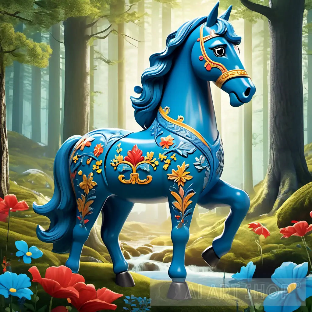 a Swedish Dala horse standing in the forest