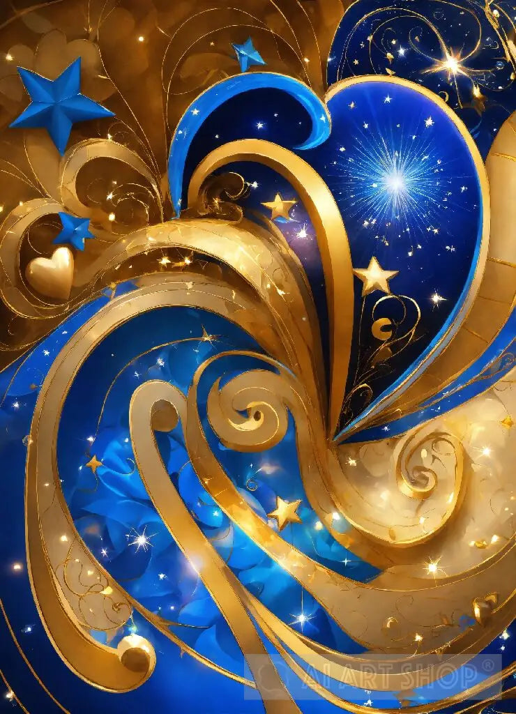 swirling star shape and hearts shiny blue