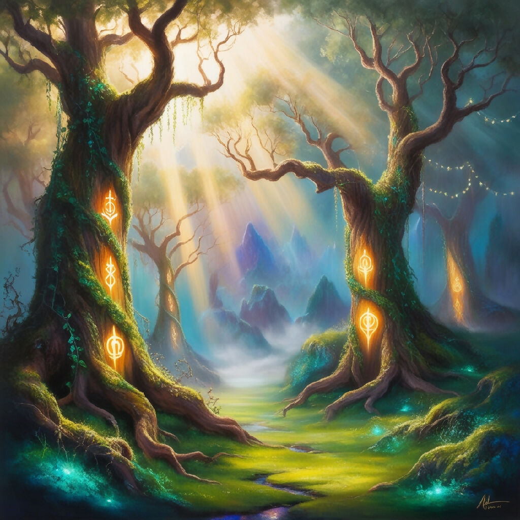 Vibrant Fantasy Landscape, Mystical Realm, Ancient Trees, Glowing S...