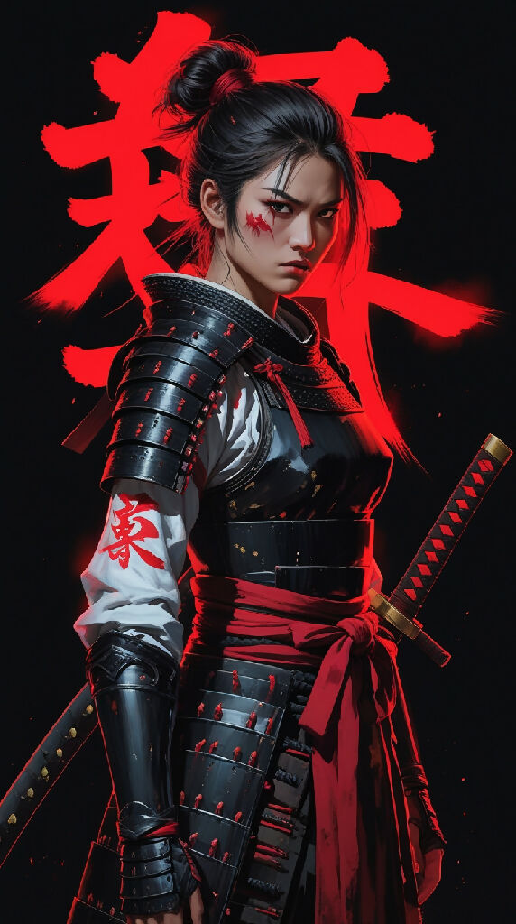 A fierce female samurai warrior standing confidently against a deep bl