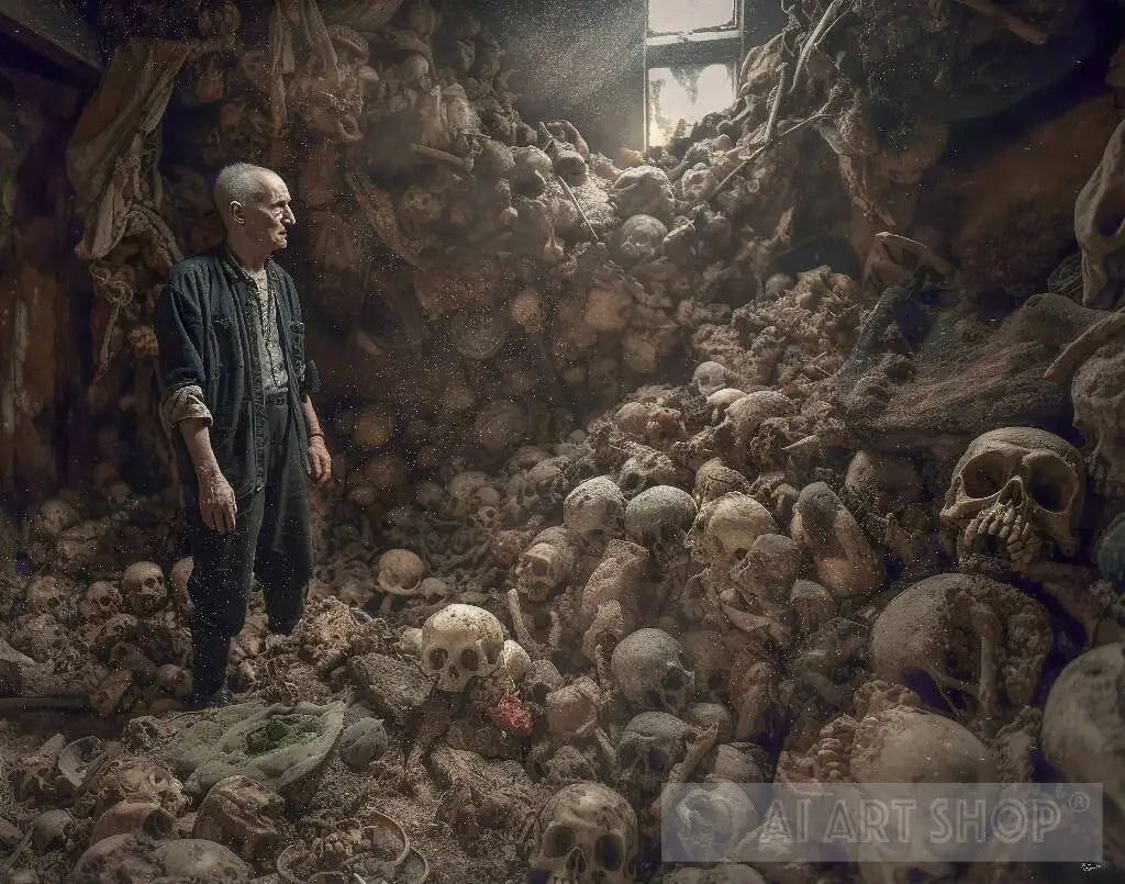Macabre Art, Human Skulls, Aging and Decay, Sunlit Scene, Elderly C...