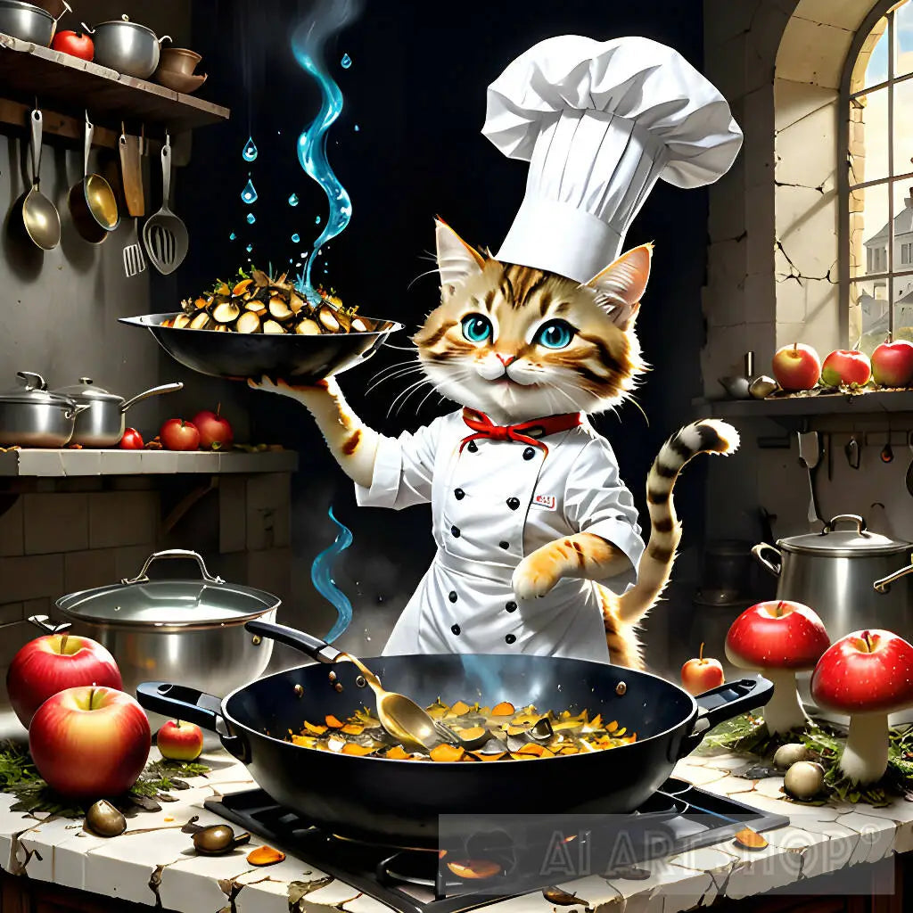 cat, chef, cooking, kitchen, adorable, whimsical, fantasy, culinary...