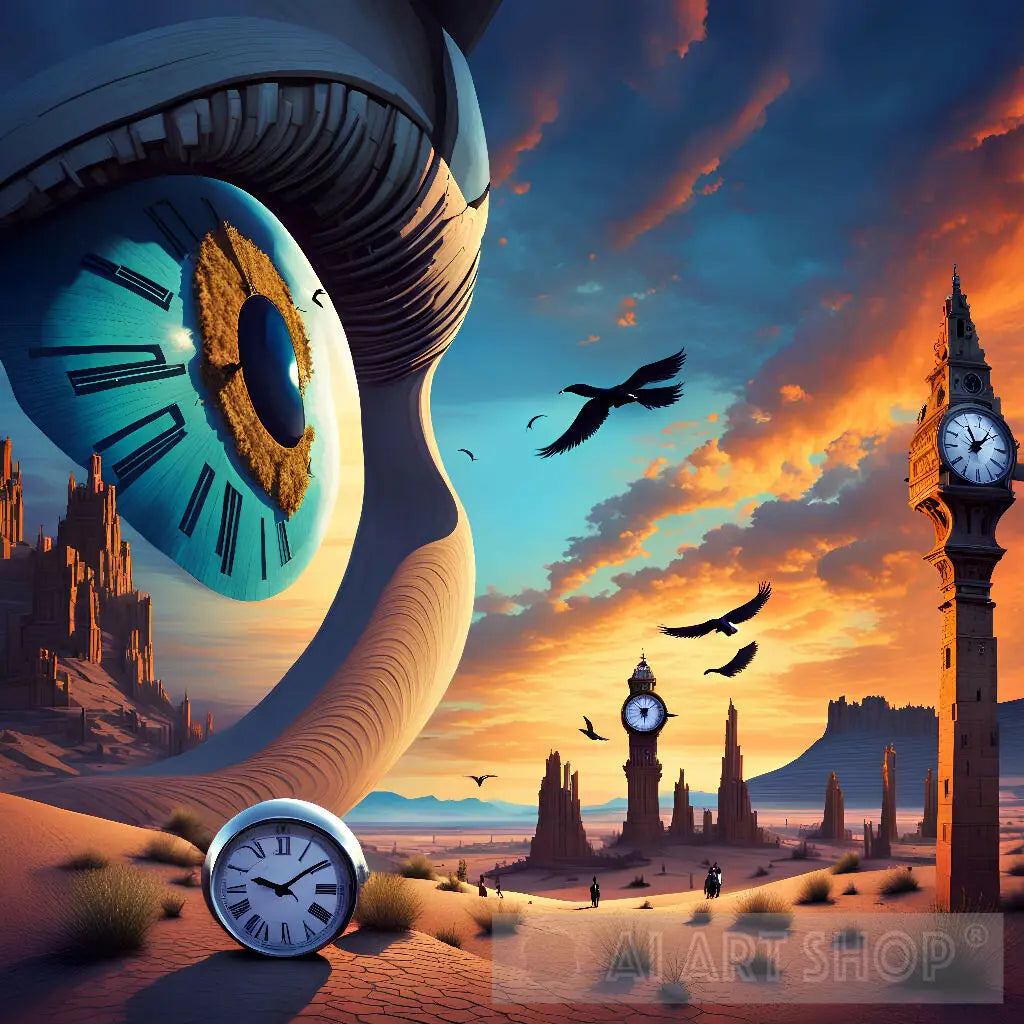 Surreal desert landscape with giant eye, clock towers, and crows. A...