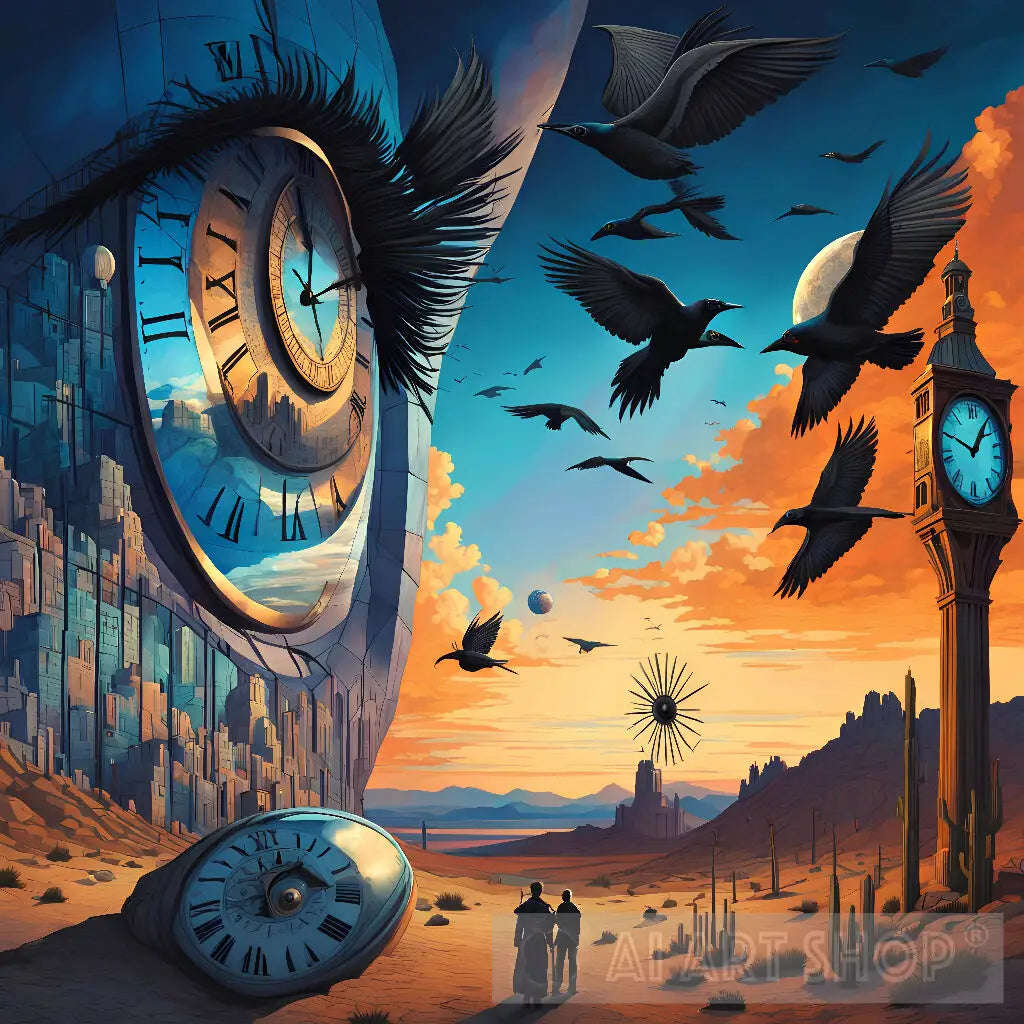 Surreal desert landscape with giant eye, clock towers, and crows. A...
