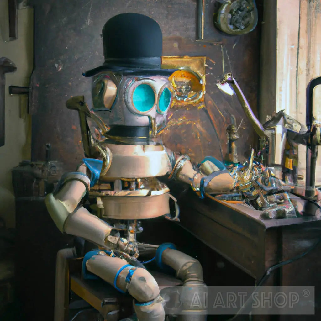 Comic book artwork of a robot inventor working in workshop