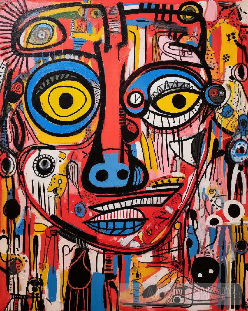 Colorful Graffiti Painting of a Man's Face with Yellow Eyes and...