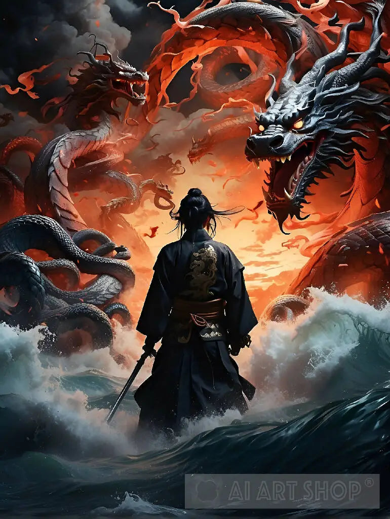 The modern digital art depicts a battle between Susano-no-mikoto an...