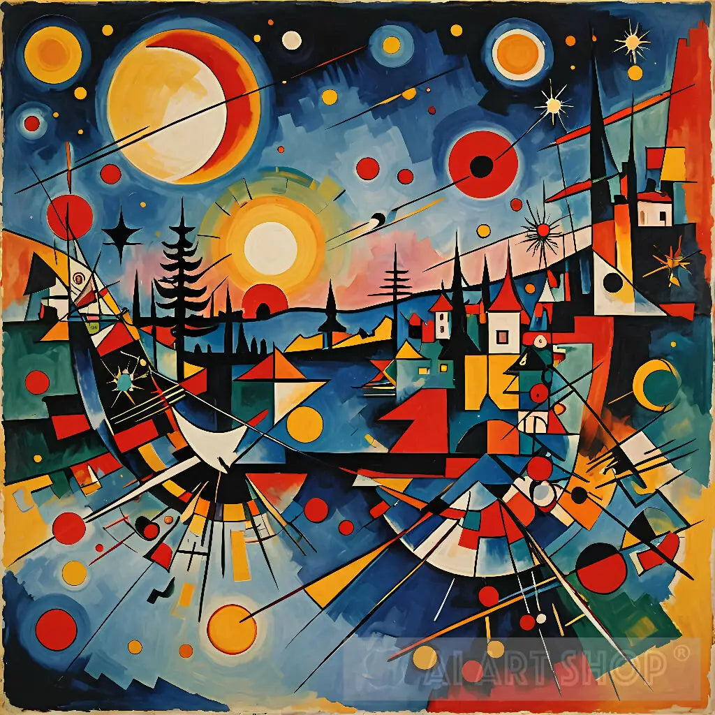 Expressionist Landscape: Abstract Art, Sunset, Lake, Hills, Trees,