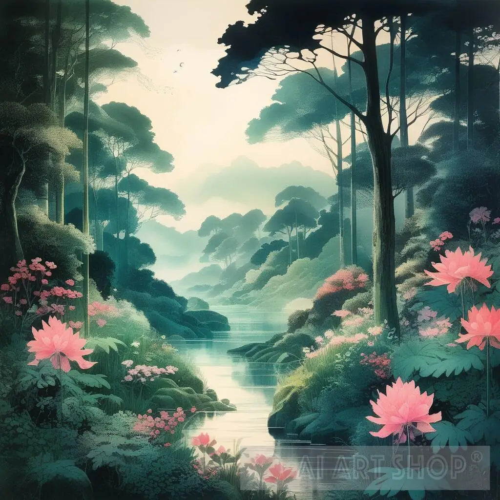 Pink, Lotus flowers, River, Trees, Impressionistic, Soft, Muted, Se...