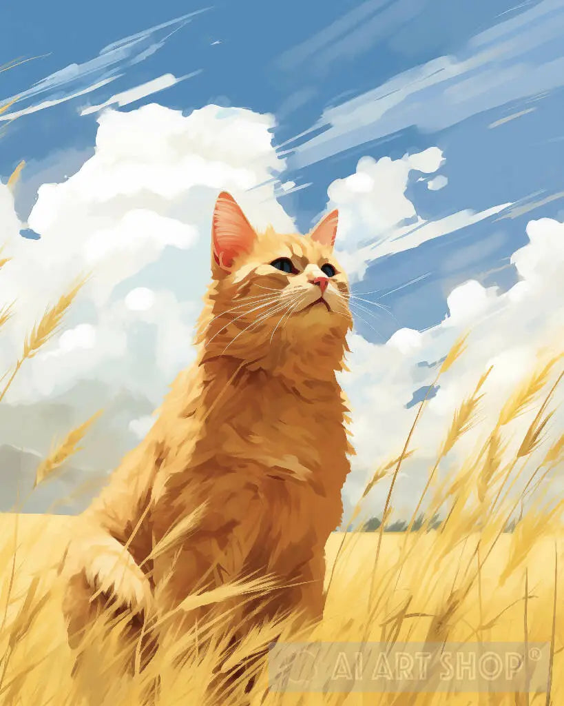 Regal Ginger Cat Amidst Golden Fields Under the Blue Sky