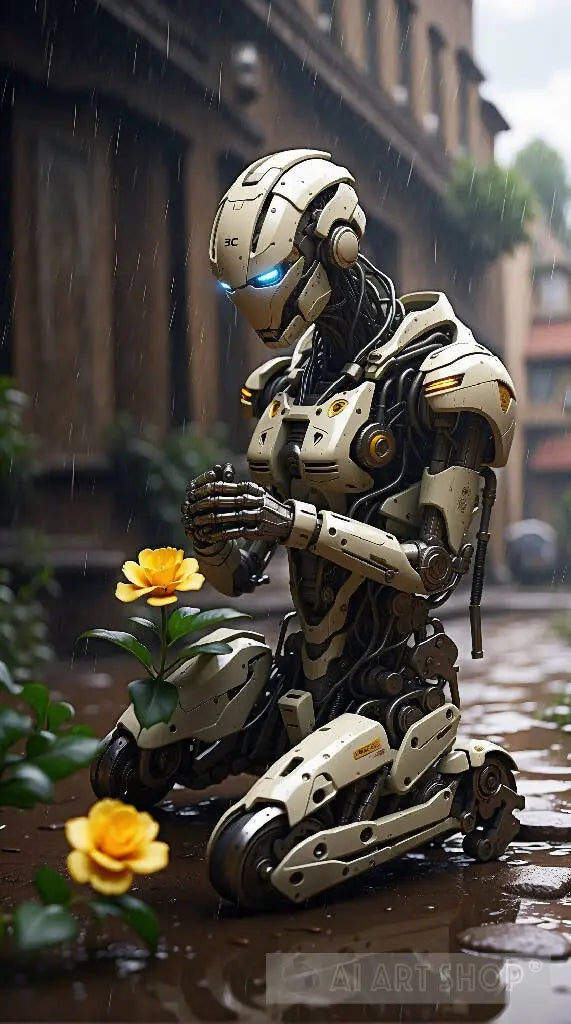 The robot plants a beautiful flower