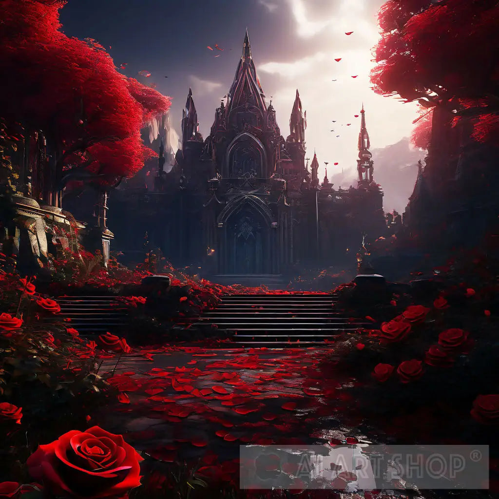 Gothic fantasy digital painting of an ancient city with a crimson r...