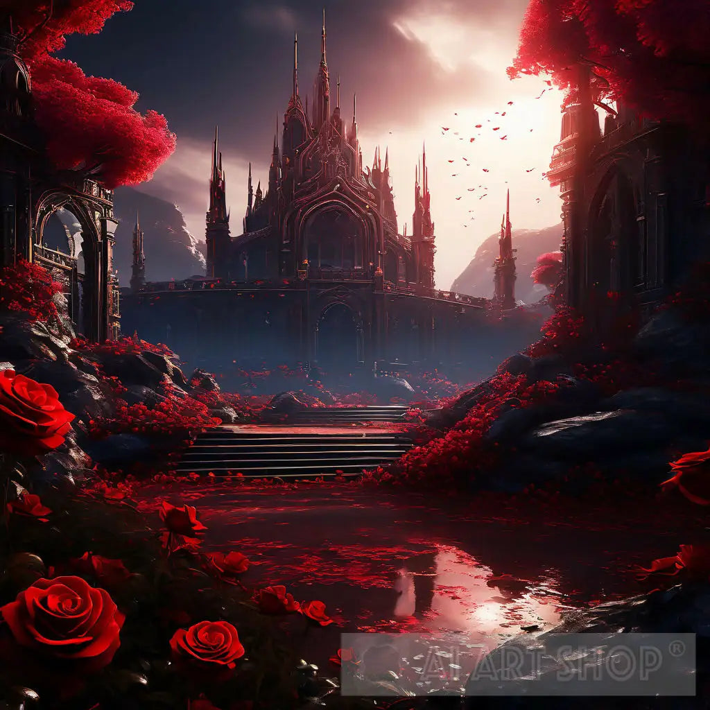 Gothic fantasy digital painting of an ancient city with a crimson r...