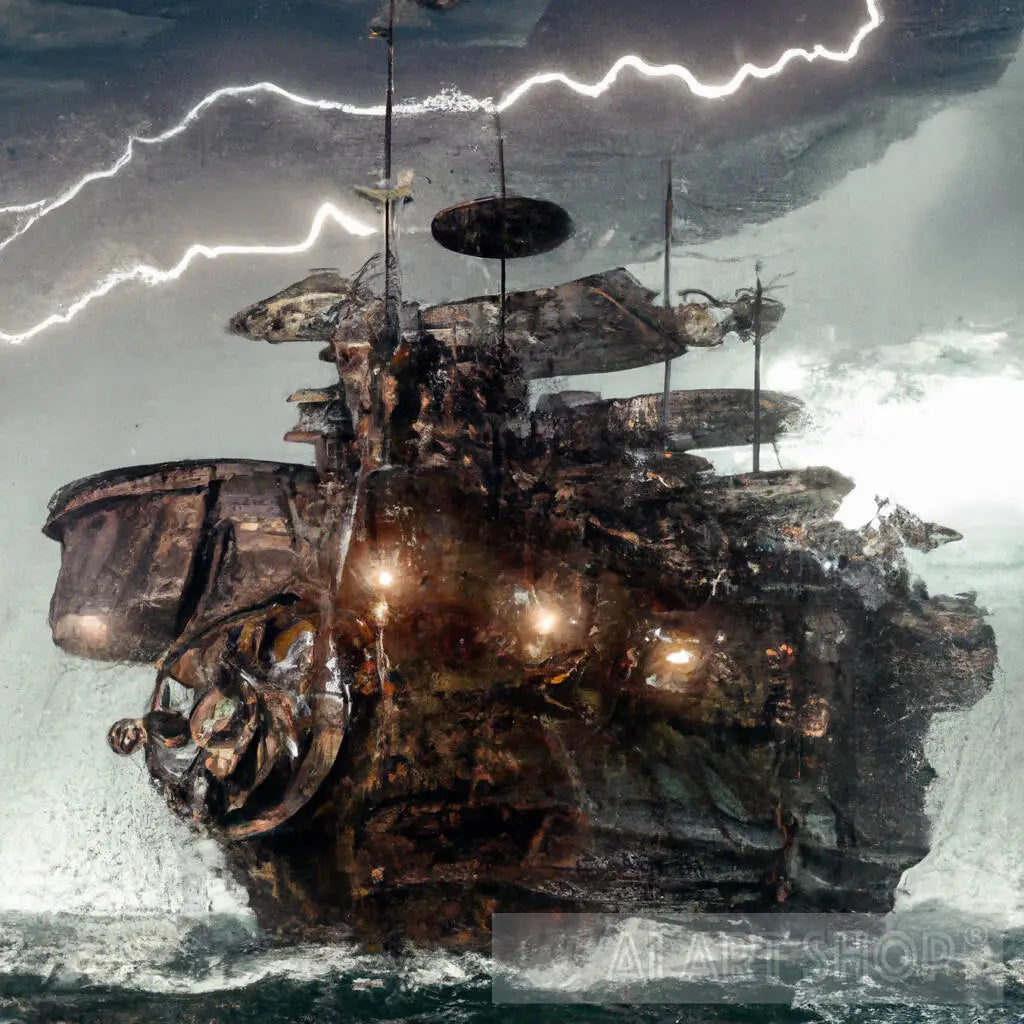 The Space-Faring Flagship: Huge fantasy sci-fi warship on stormy se...