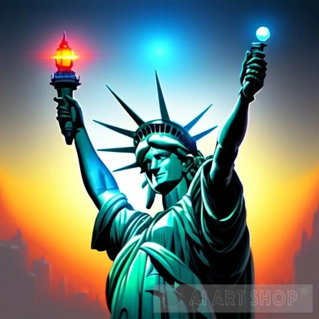 The Statue Of Liberty Stands Tall With A Torch and Light Bulb In Her H