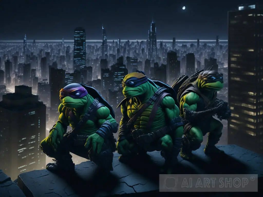 Unleash Nostalgia and Adventure with TMNT Standing on a Rooftop Ar