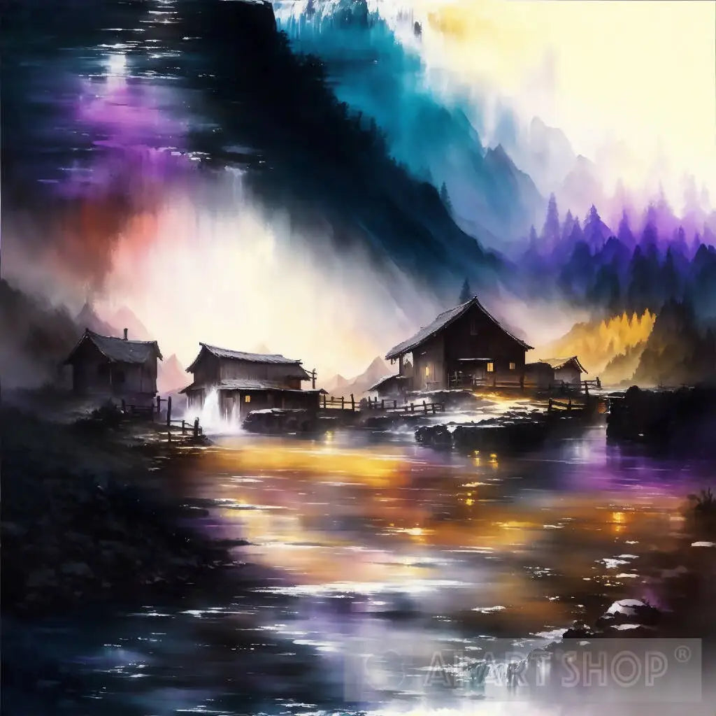 Serene Village, Beautiful Village, Oil Painting, Ink Splash, AI Ima...