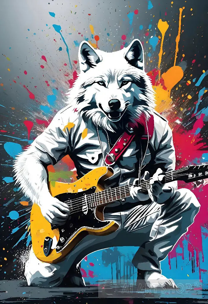 The white wolf plays the guitar, rock, music, headphone, animal, gr...