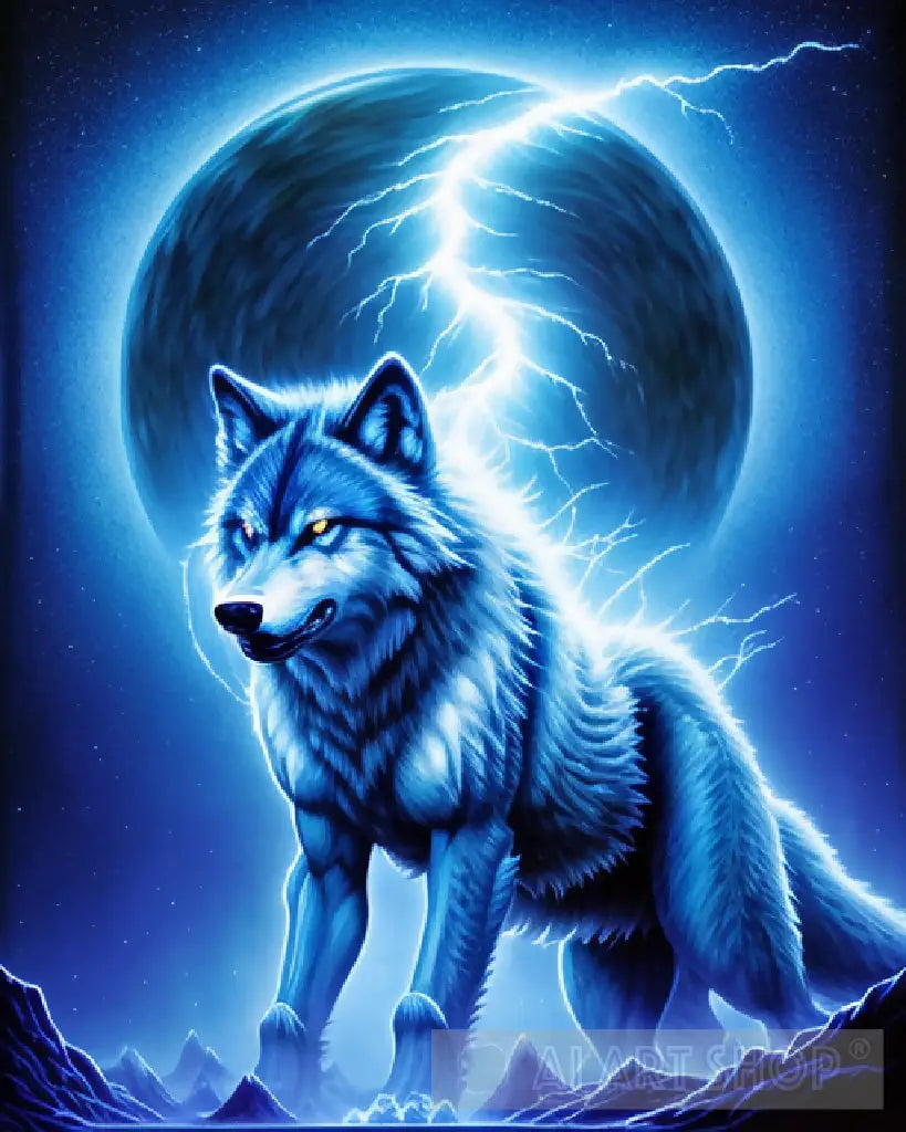 Wolf, lightning, light, storm, blue, canine, beautiful, colorful