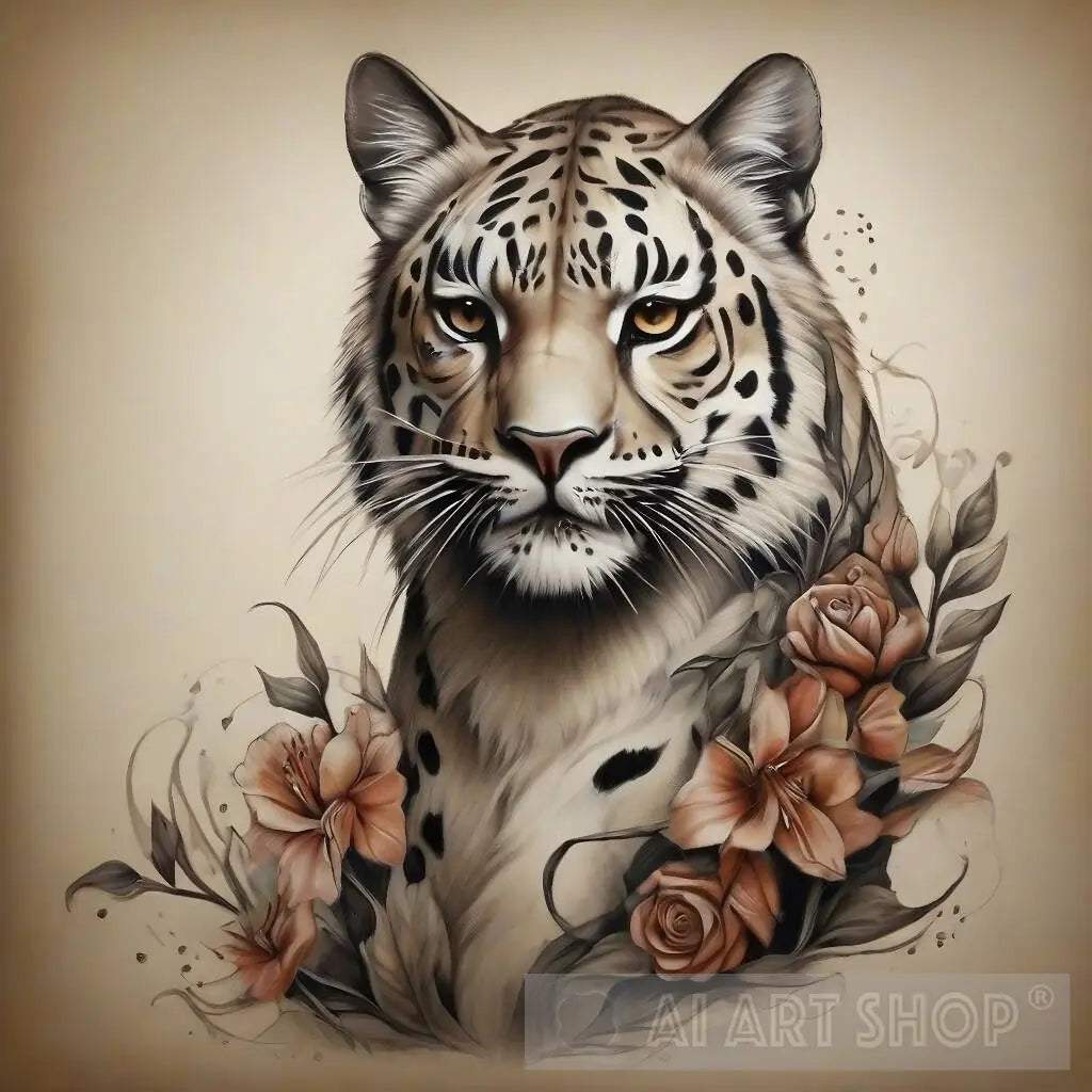 Tiger With Flowers, Wildlife Art, Tiger Artistry, Floral Tiger Comp...