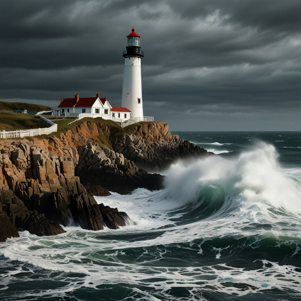 A rugged coastal scene with waves crashing against dramatic cliffs ...