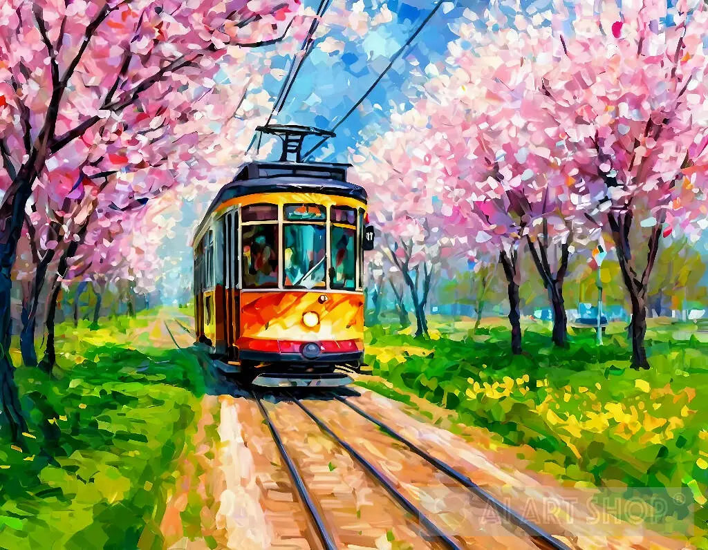 Spring, landscape, paintings, oil, digital, paint, tram
