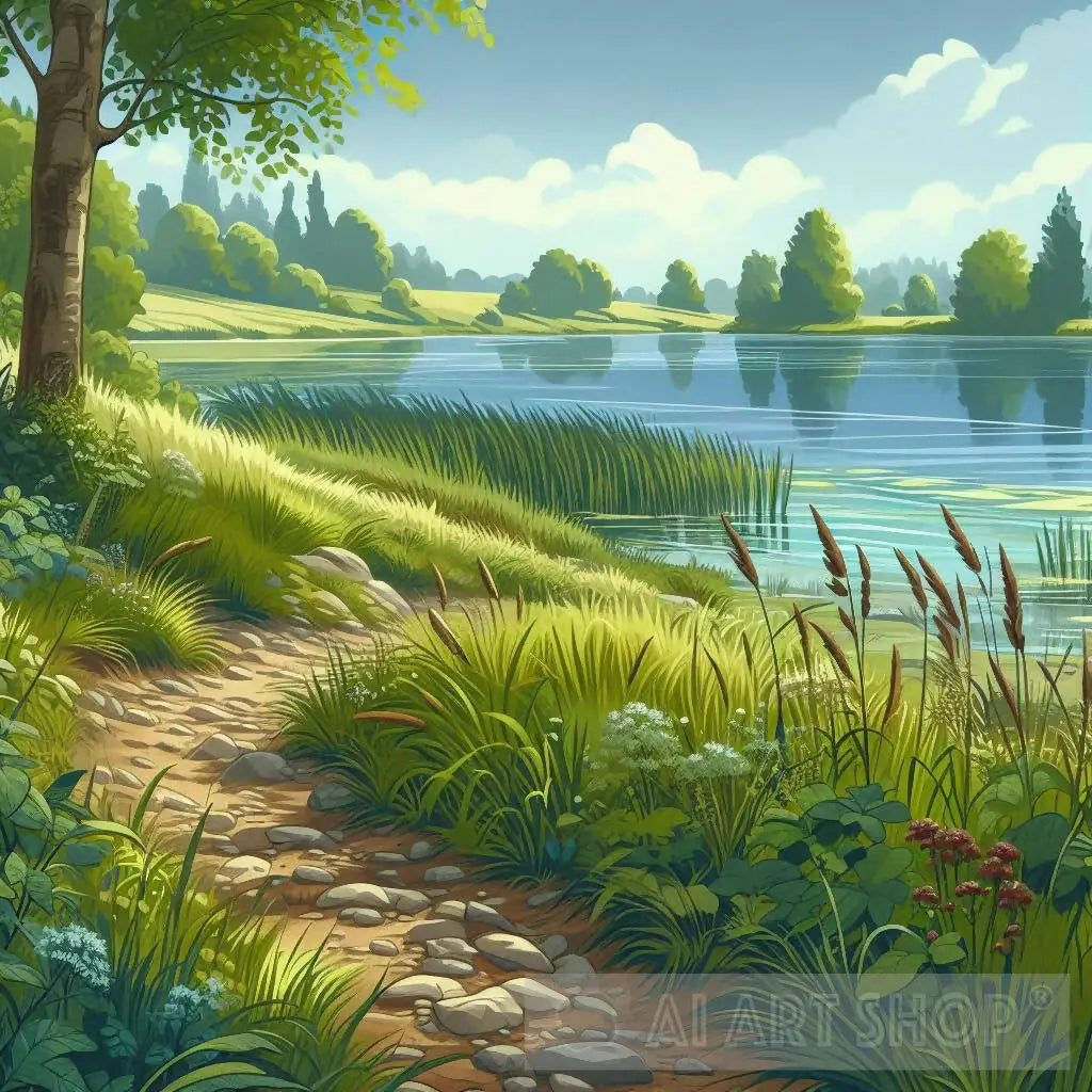 The lakeside scene, portrayed in a charming cartoon style, emanates...