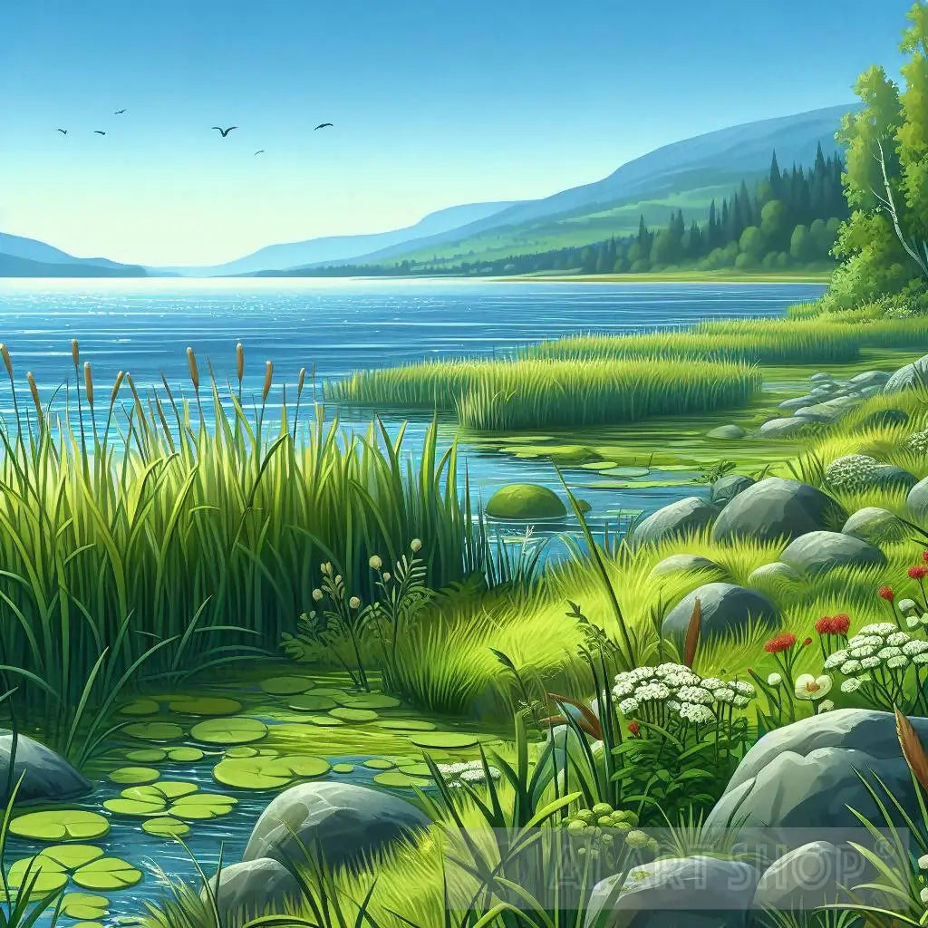 The lakeside scene, portrayed in a charming cartoon style, emanates...