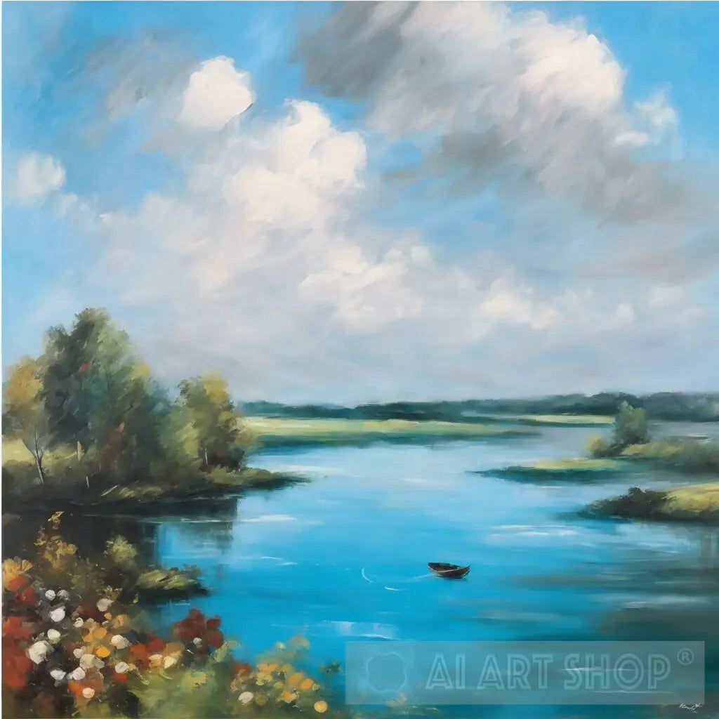 Tranquil Waters: Abstract River Landscape Painting | High-Quality A...
